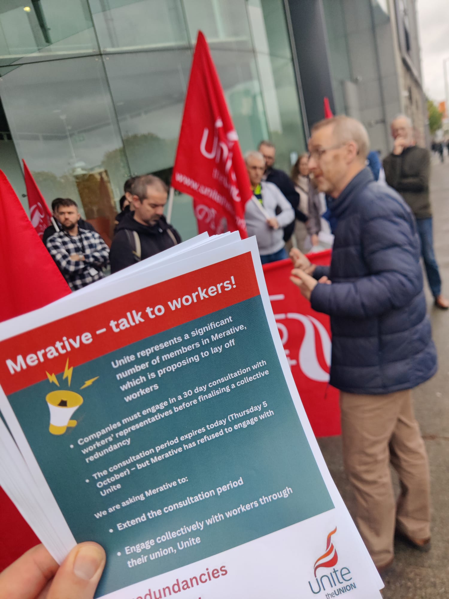 Tom Fitzgerald addressing workers leaflet in foreground | Unite the ...